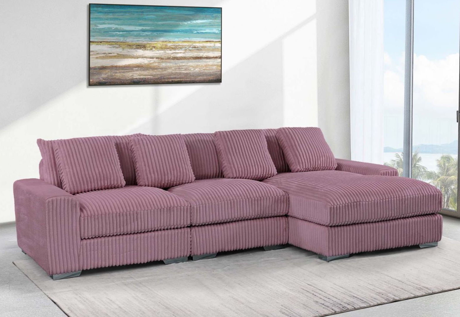 London Pink 3 Piece Sectional RAF Chaise 3-Pc RAF Sectional Right ...